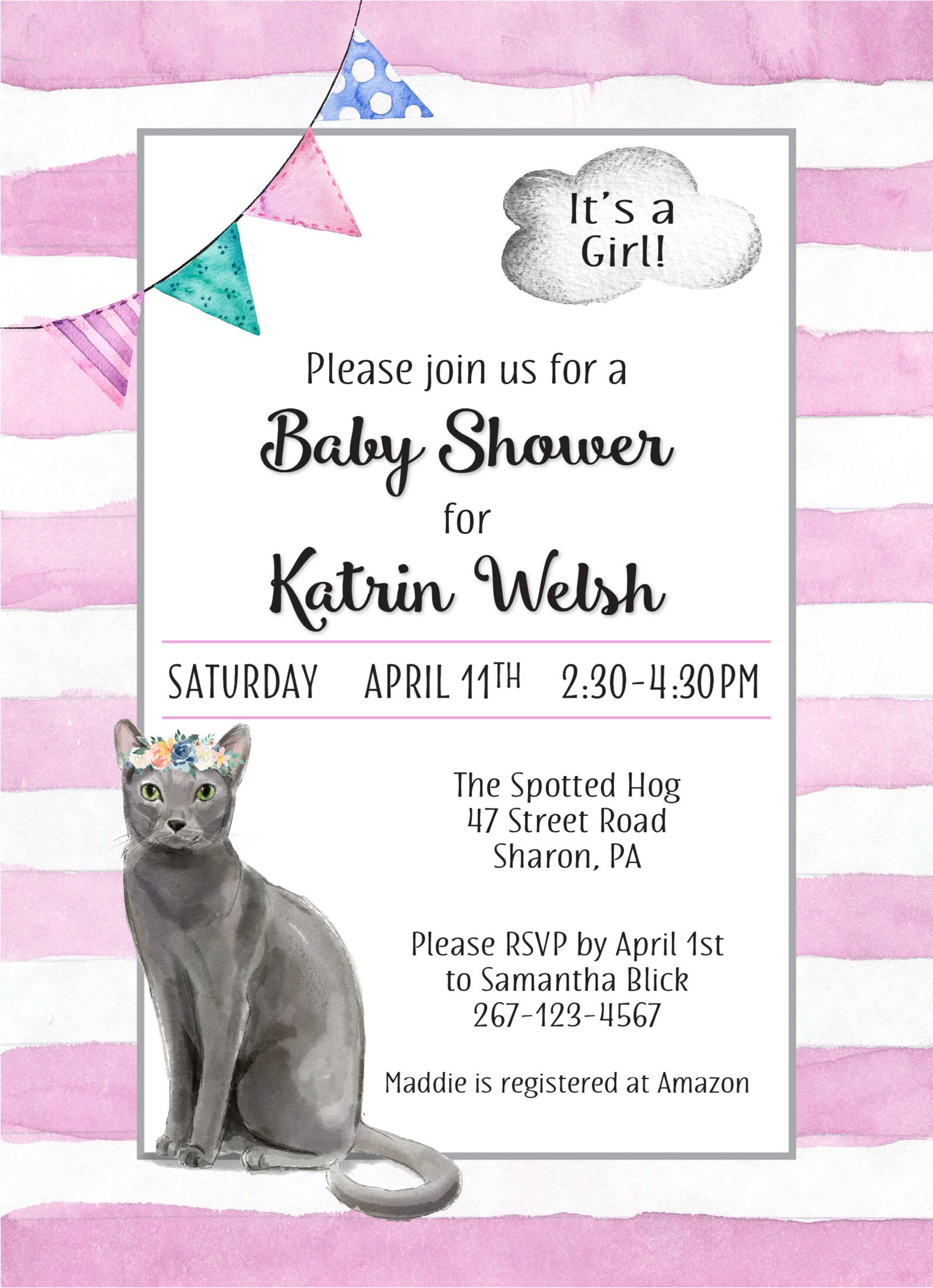 Cat Baby Shower Invitation in Pink or Blue / Cat Baby Shower Invitation ...