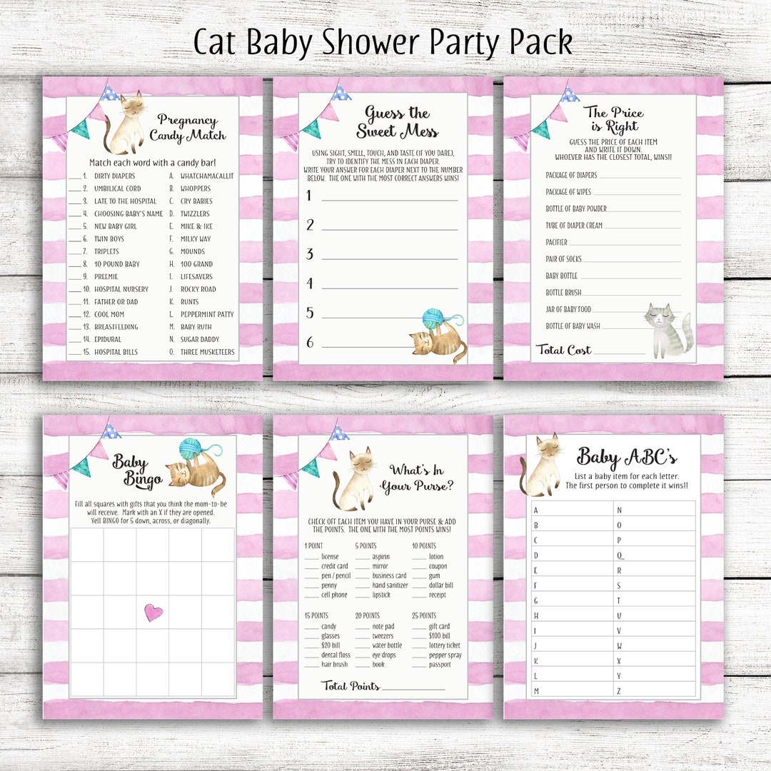 The Cat Baby Shower Party Pack / Kitten Theme Baby Shower Games for ...