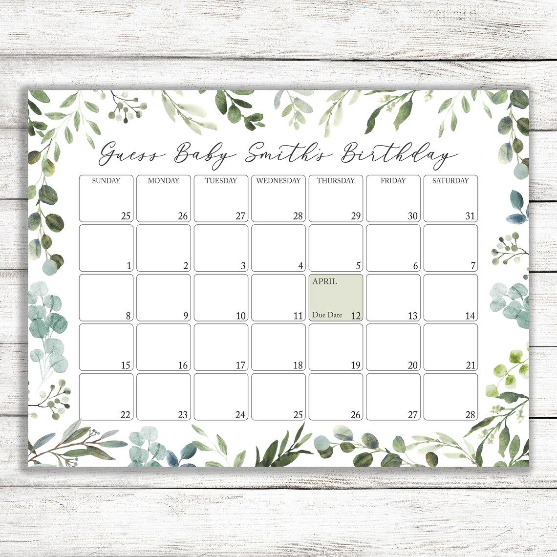 Greenery Guess the Baby's Birthday Poster / Greenery Due Date Calender ...