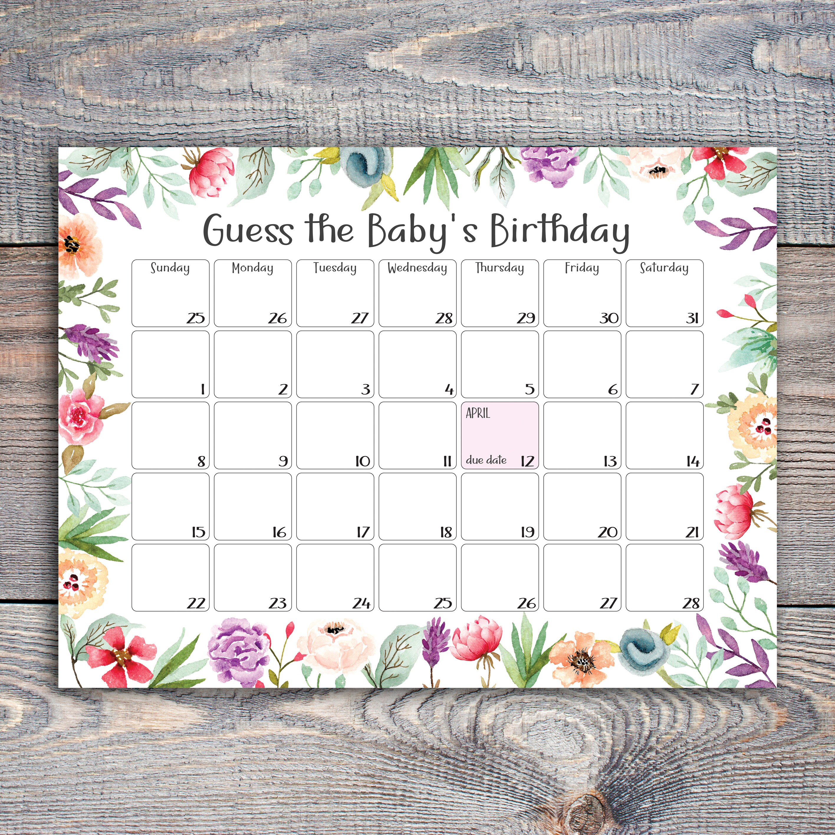 Wildflower Floral Due Date Calendar 18 by 24 Inch Poster - Etsy
