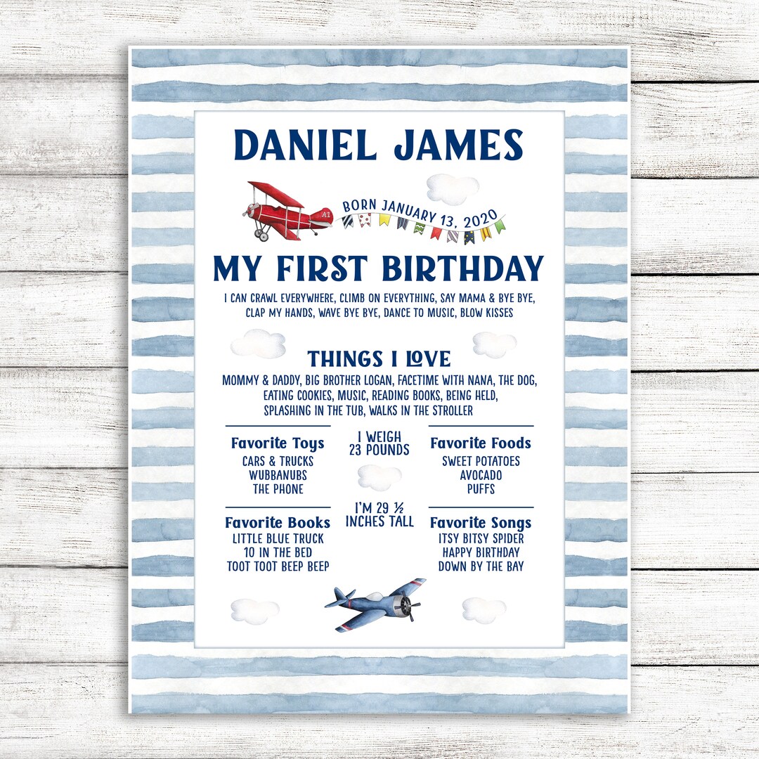 Airplane First Birthday Poster / Birthday Milestone Sign With Airplane ...