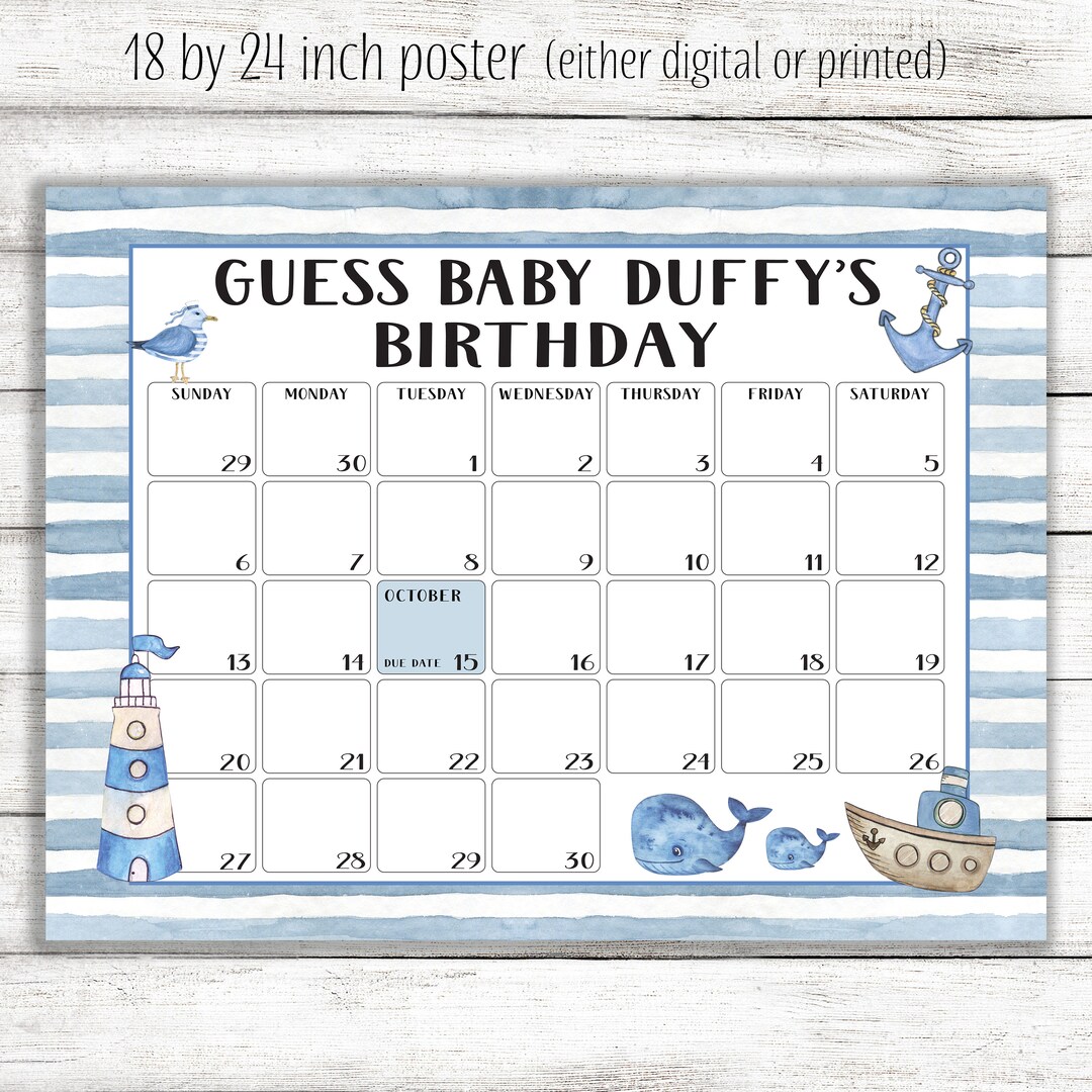 Nautical Guess the Baby's Birthday Calendar for Baby Shower 18 by 24 ...