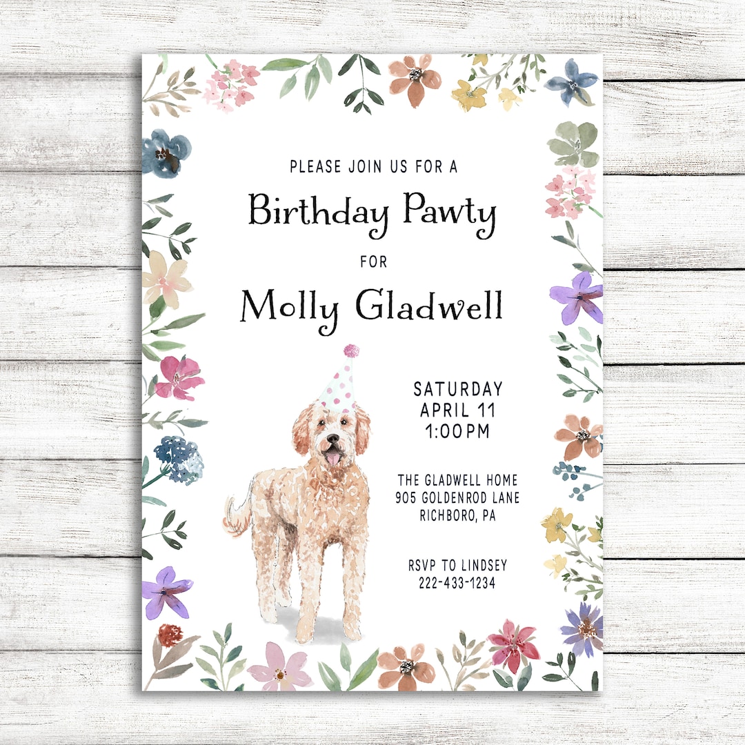 Labradoodle Dog Birthday Party Invitation, Golden Doodle Party Invite ...