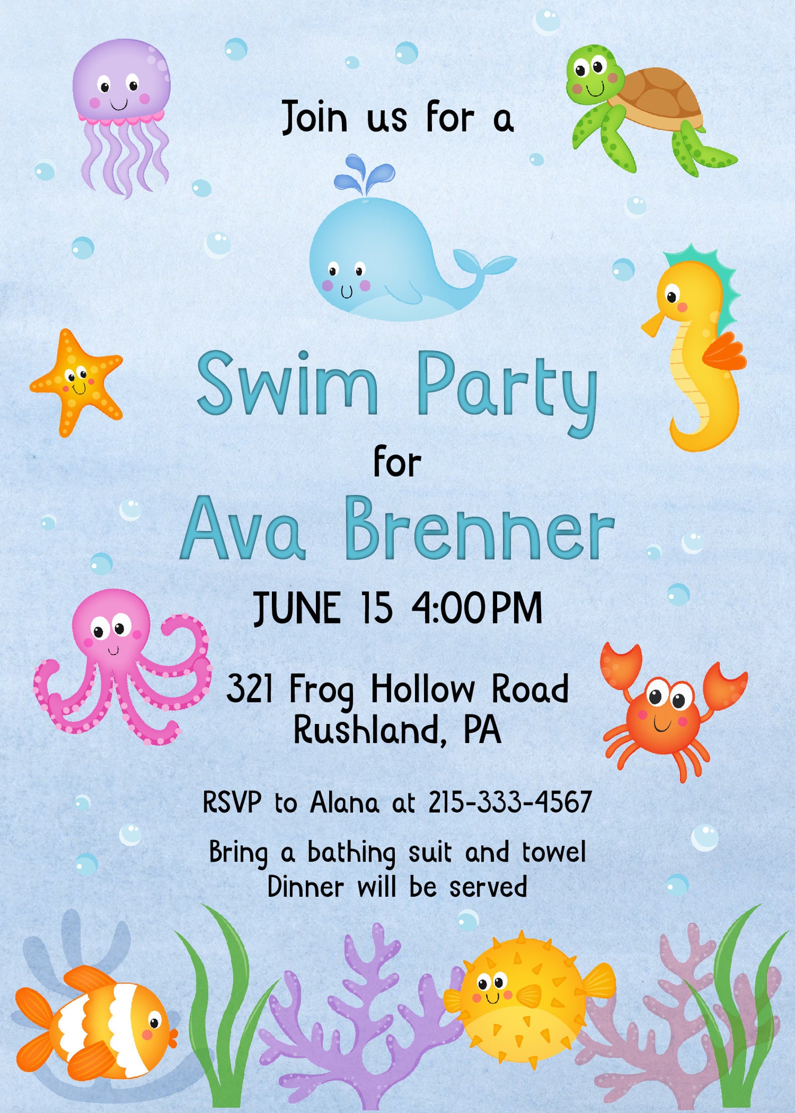 Sea Animal Birthday Party Invitation, Sea Creature Swim Party ...
