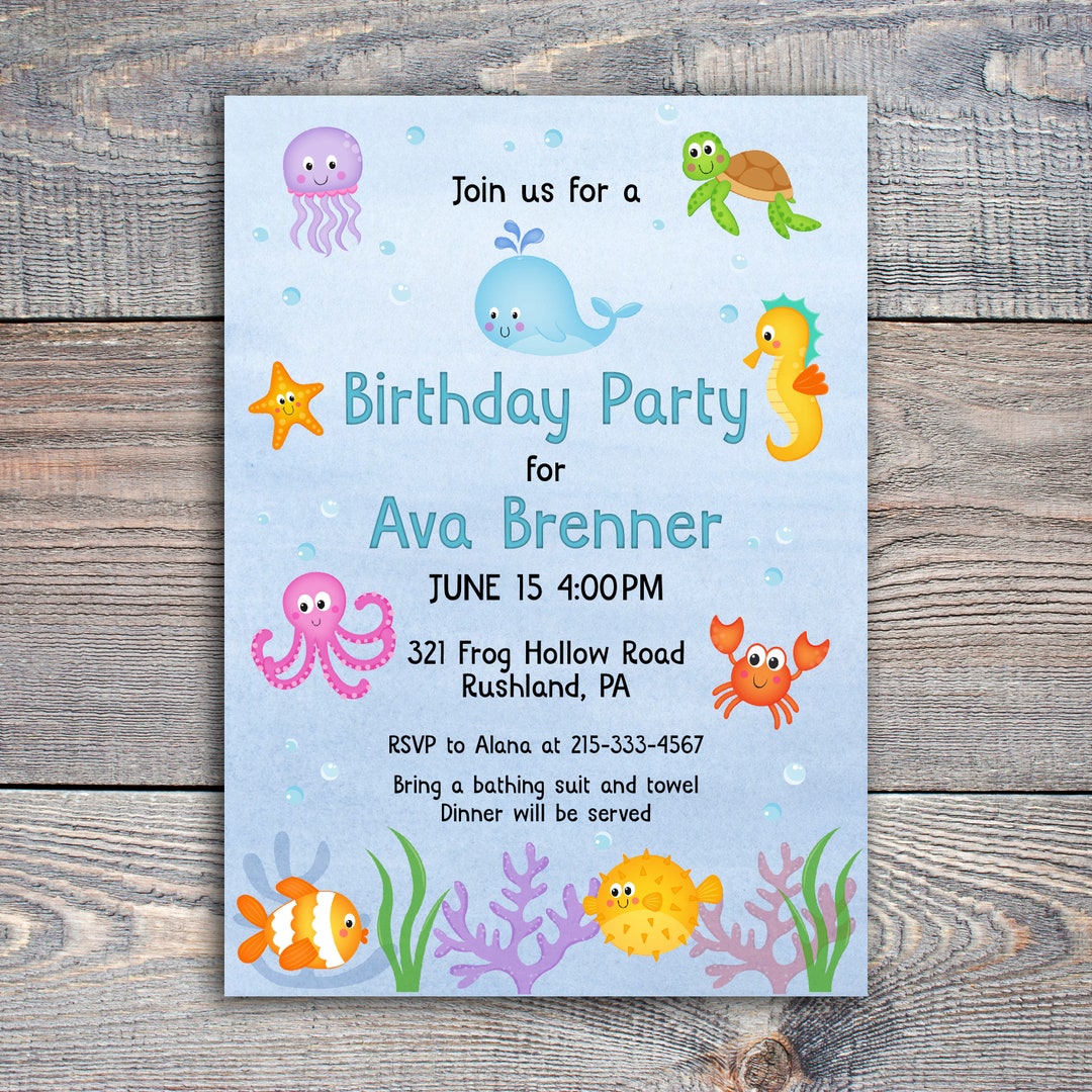Sea Animal Birthday Party Invitation, Sea Creature Swim Party ...