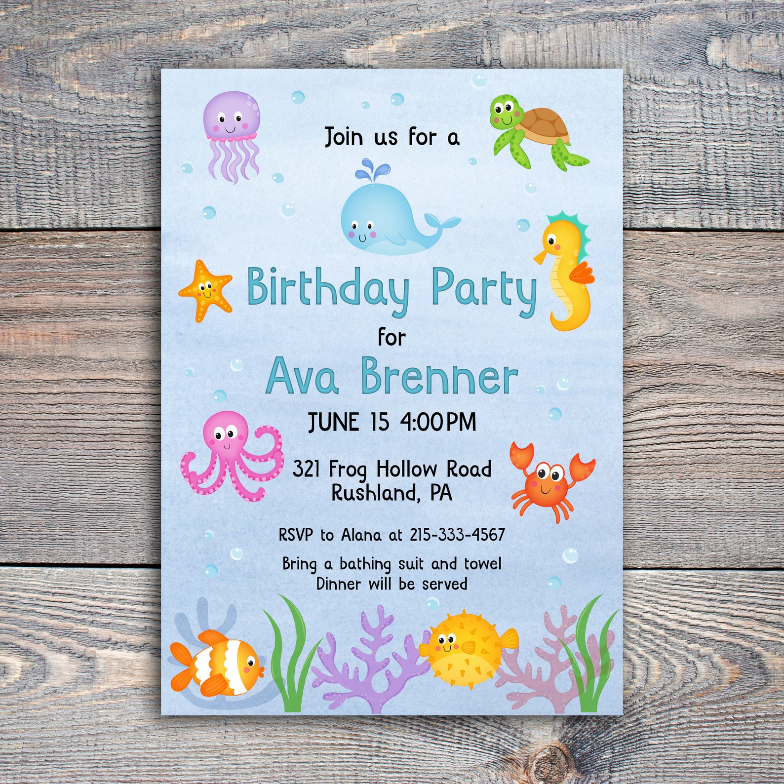 Sea Animal Birthday Party Invitation, Sea Creature Swim Party ...
