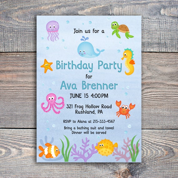 Sea Animal Birthday Party Invitation Sea Creature Swim Party | Etsy