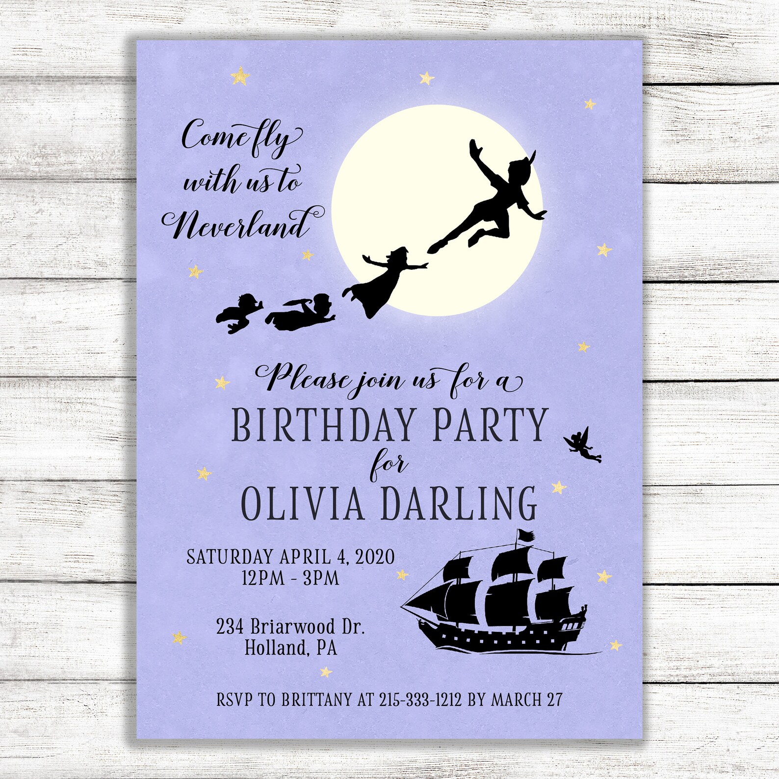 Purple Peter Pan Birthday Invitation / Neverland Birthday | Etsy
