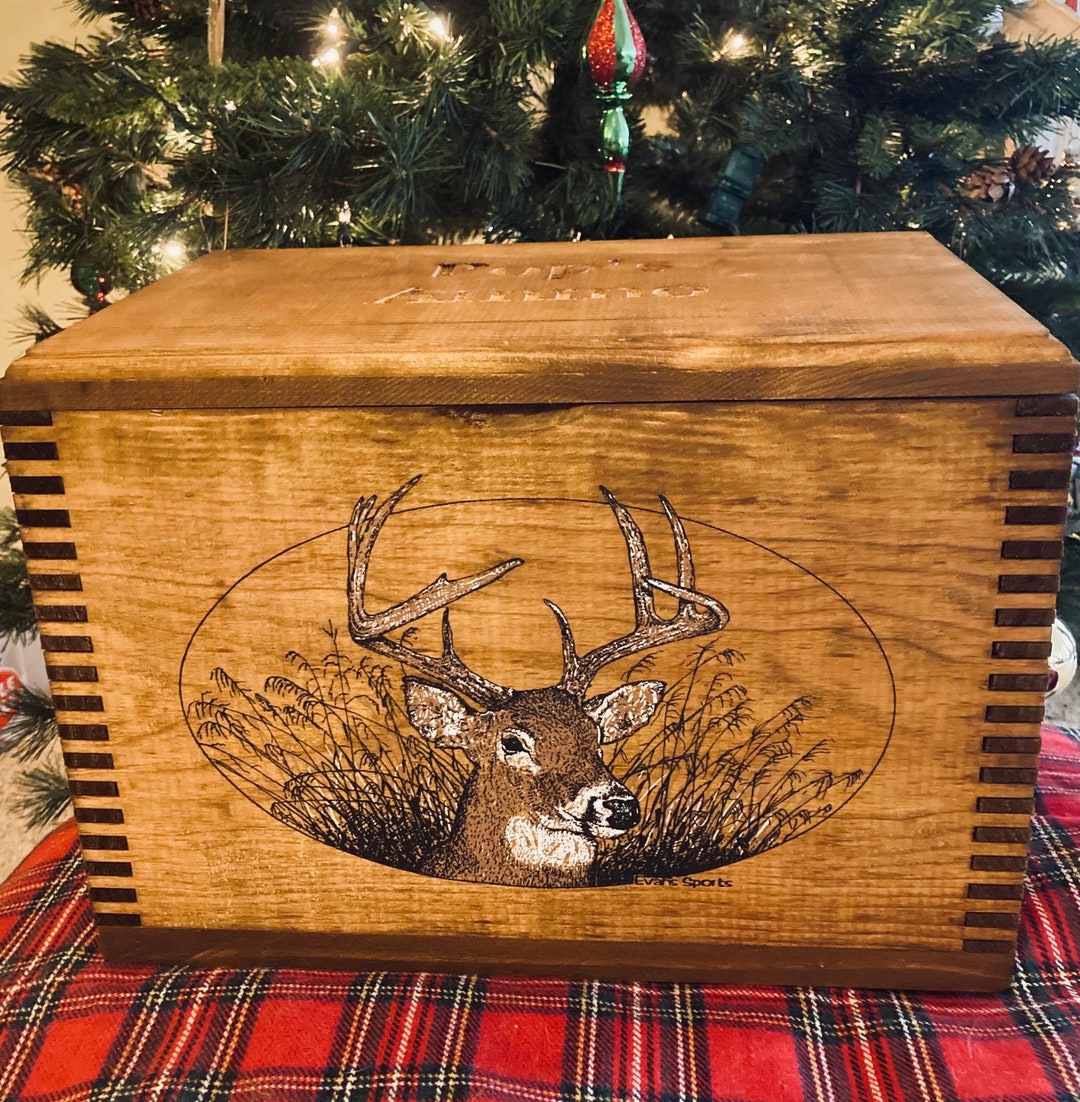 Engraved Top Ammo Box, Whitetail Deer Scene on Front, Solid Pine ...