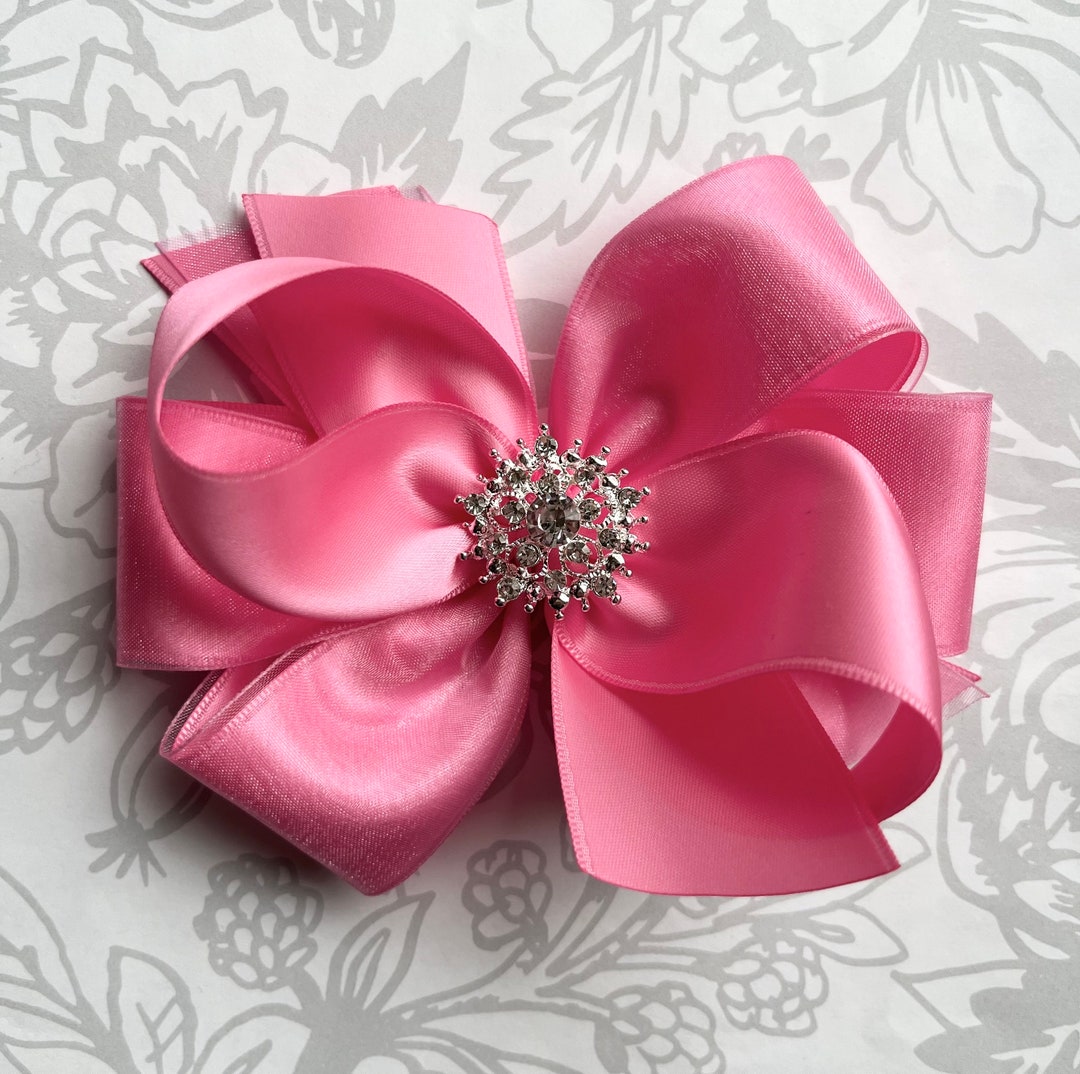 Hot Pink Satin Big Hair Bow Flower Girl Medium Pink Wedding Rhinestone ...