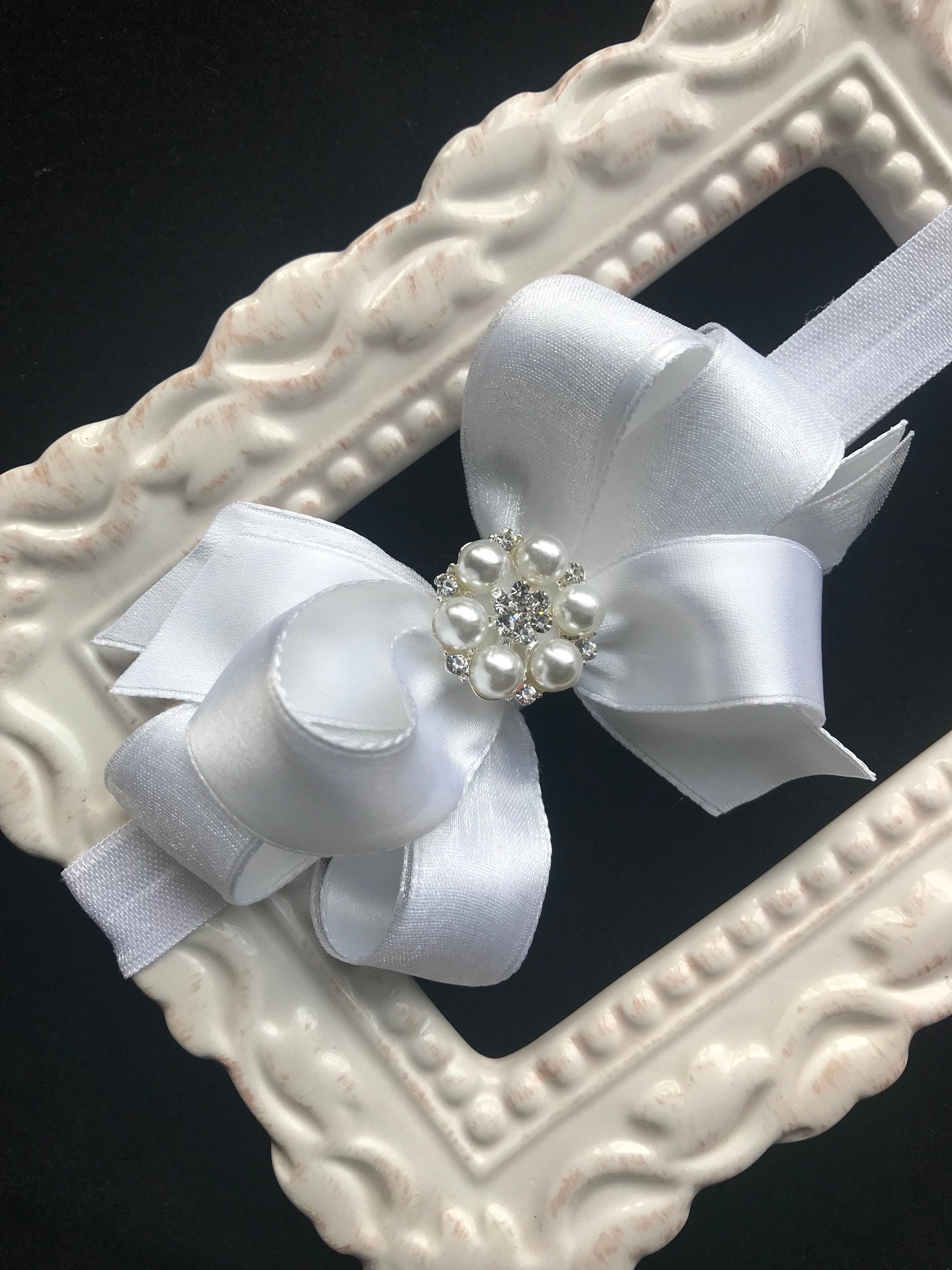 White Satin Hair Bow: Pearl Rhinestone Headband, Flower Girl ...