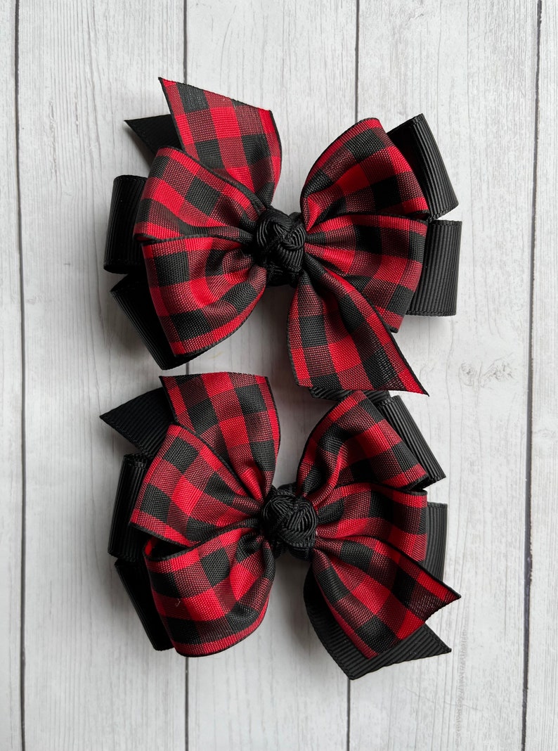Buffalo Plaid Pigtail Bows set of 2 Red Black Toddler Small - Etsy