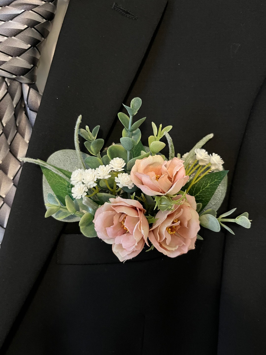 Blush Rose Pocket Square Boutonniere: Faux Eucalyptus Wedding Accessory ...