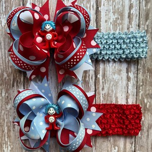 Dr Seuss Thing 1 and Thing 2 Hair Bow Headband Cat in the Hat Back-to ...