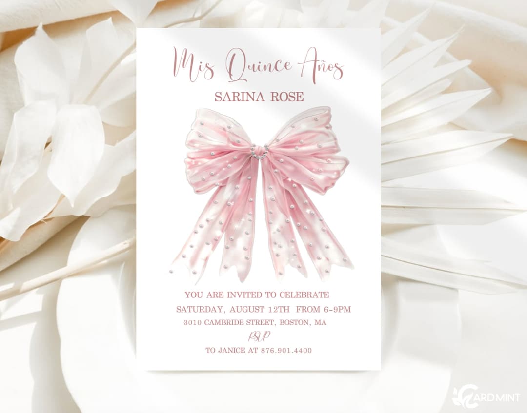 Editable Pearl Bow Quinceañera Invitation Mis Quince Anos Birthday ...