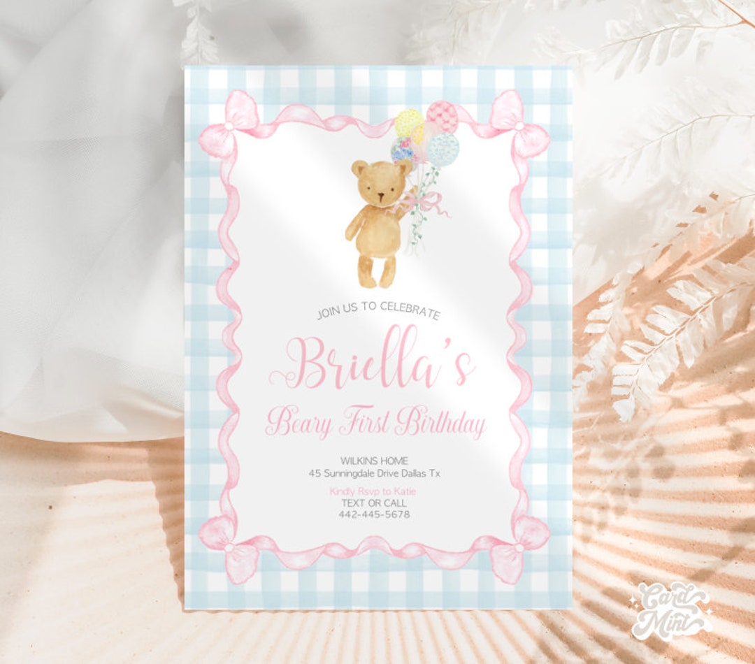 Editable First Birthday Invitations, Pink Teddy Bear Beary First ...