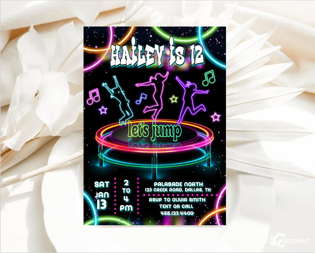 EDITABLE Trampoline Jump Park Birthday Party Invitation, Neon Glow Birthday, 10th 8th 9th Girl ...