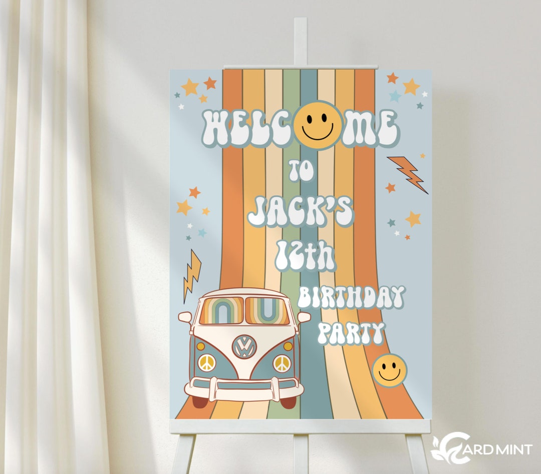 EDITABLE Groovy Welcome Sign, Party Sign, Blue Groovy Rainbow Birthday ...