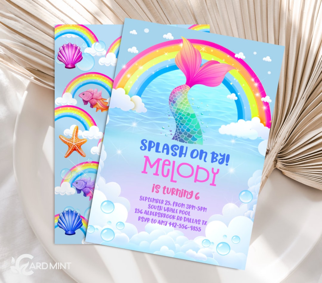 EDITABLE Rainbow Mermaid Pool Birthday Party Invitation Cute Girl ...