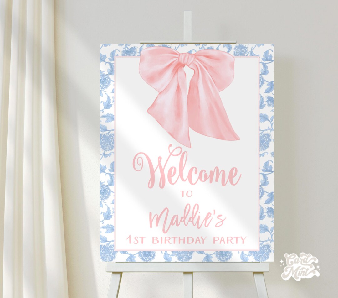 Editable Pink Bow Party Sign, Birthday Welcome Sign Download Digital ...