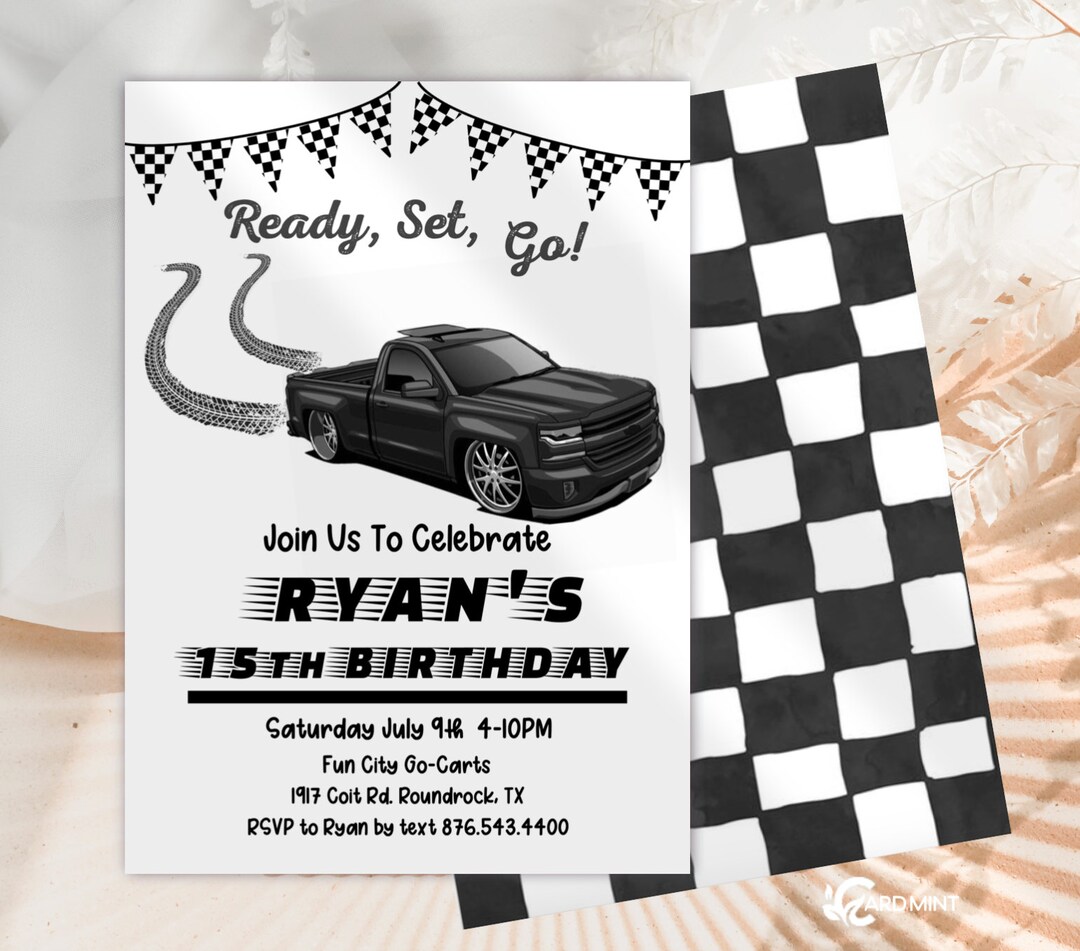 EDITABLE Truck Birthday Invitations, Black Truck Design, Racing Dropped ...