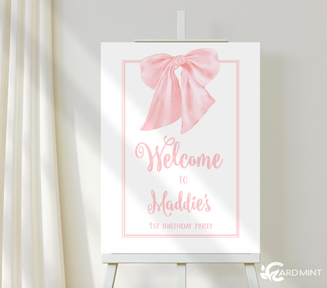 Editable Pink Bow Party Welcome Sign, Birthday Welcome Poster Backdrop ...
