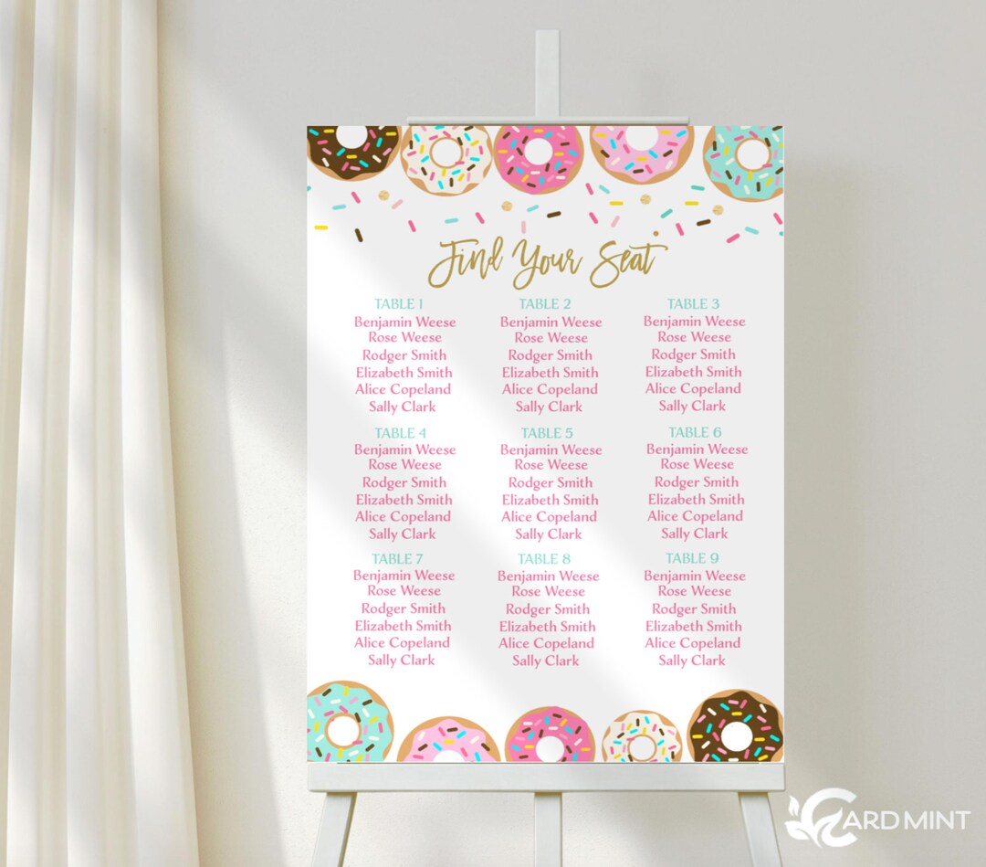 EDITABLE Seating Chart Template, Donut Design Pink Gold Teal Party Girl ...