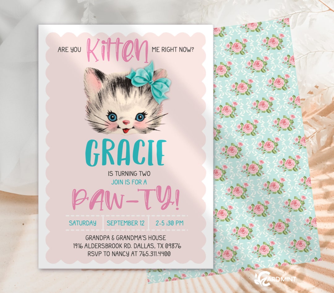 EDITABLE Kitten Birthday Invitations, Rustic Shabby Chic Pink Vintage ...