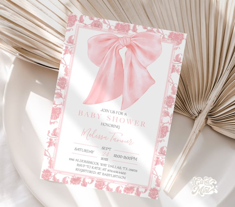 EDITABLE Pink Bow Baby Shower Invitation Set Baby Girl - Etsy