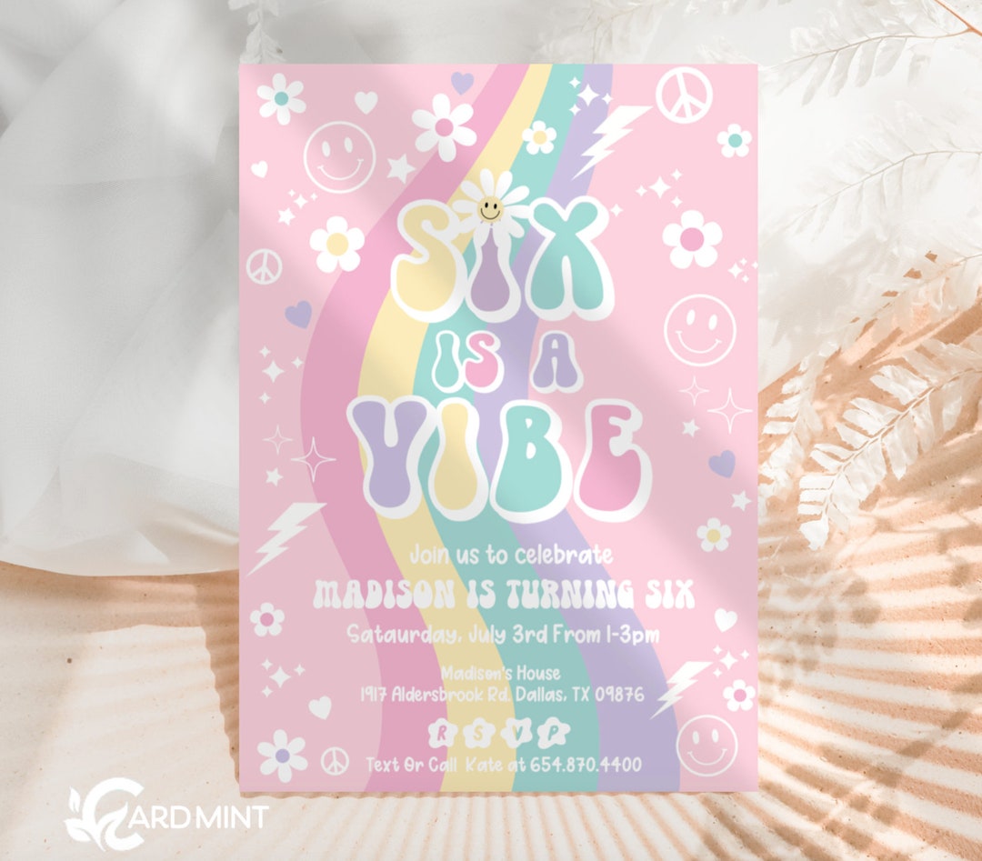 EDITABLE Groovy Six Birthday Party Invitations, Six is a Vibe, Pastel ...