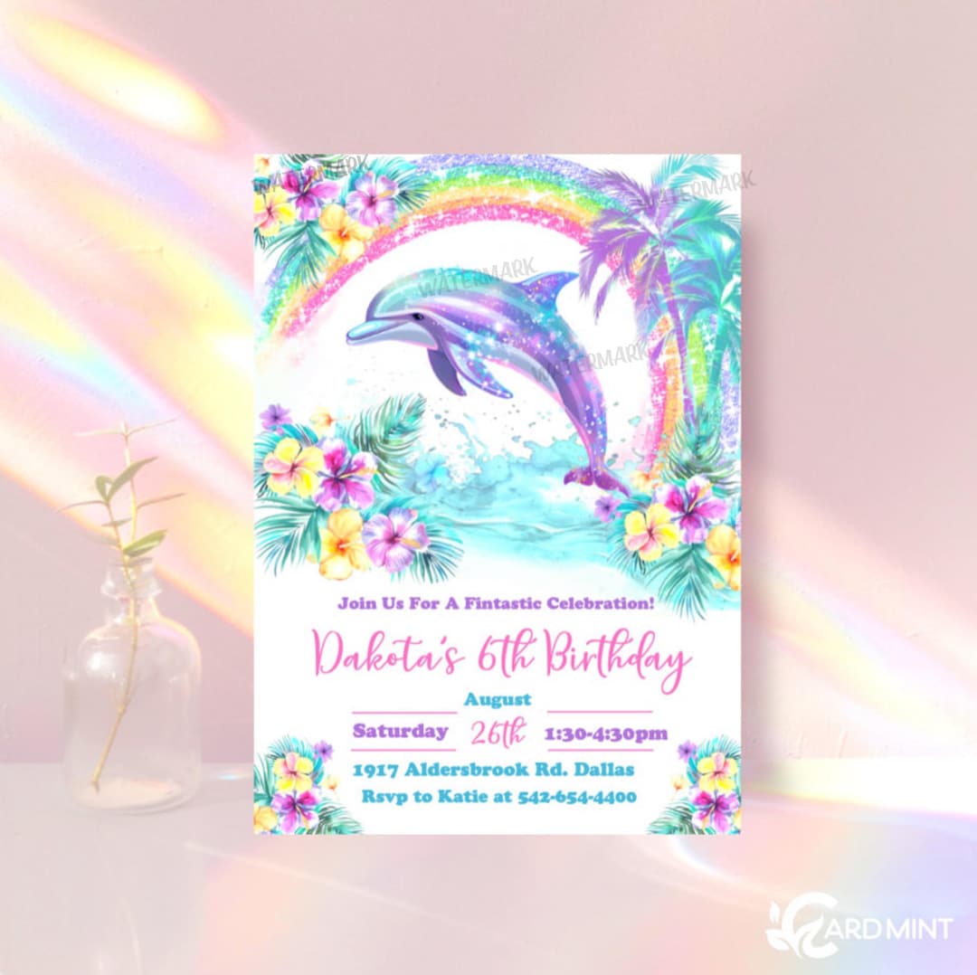 Editable Rainbow Dolphin Beach Birthday Party Invitation by the Sea ...