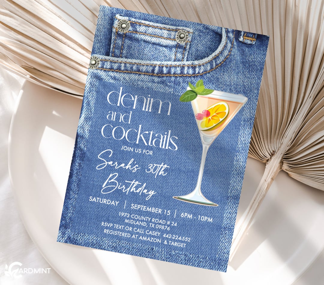 Editable Adult Birthday Denim and Cocktails Summer Party Invitation ...