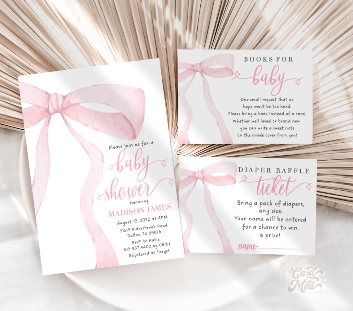 EDITABLE Pink Bow Baby Shower Invitation Set, Baby Girl Shower, Baby ...