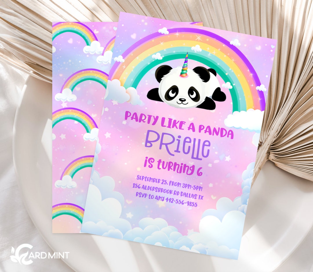 Editable Rainbow Panda Birthday Party Invitation Cute Girl Invites ...