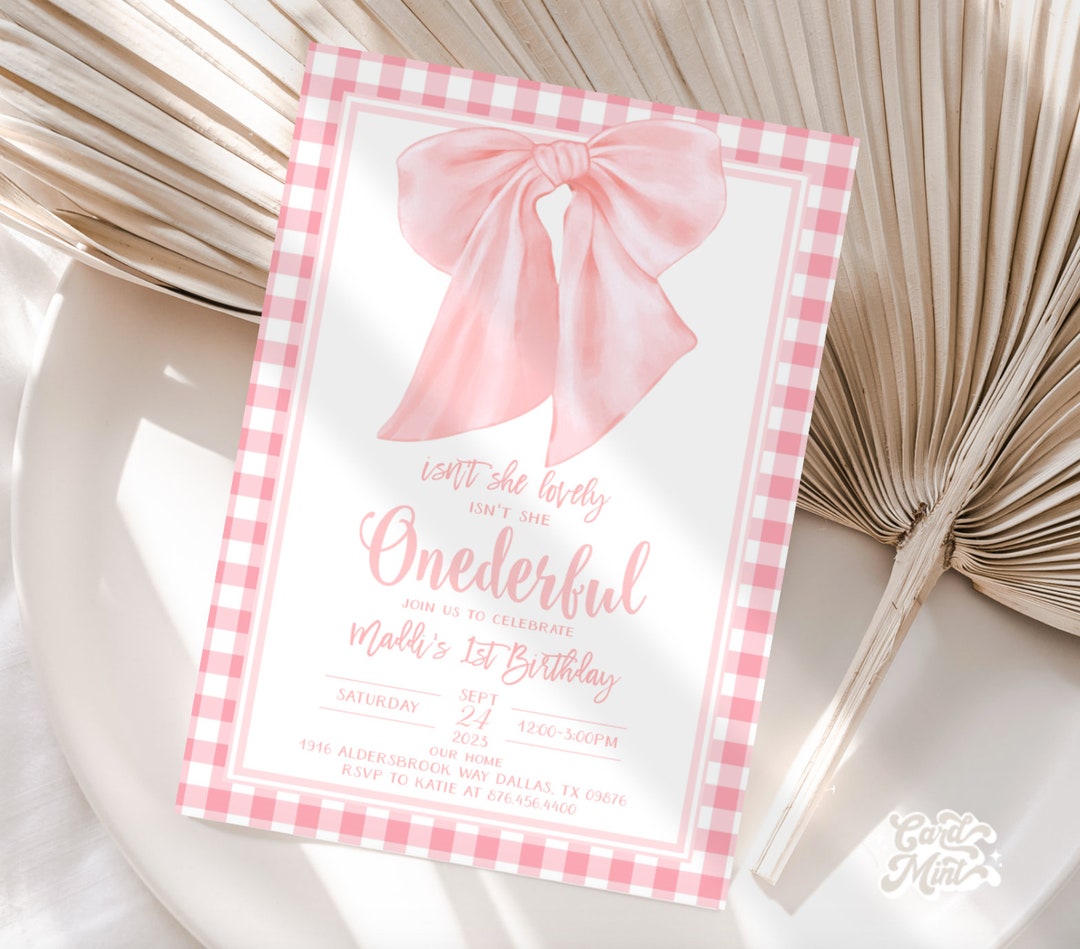 Editable Bow 1st Birthday Invitations, Isn't She Onederful Pink Bow ...