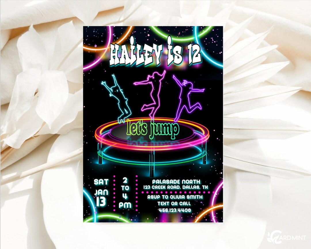EDITABLE Trampoline Jump Park Birthday Party Invitation, Neon Glow ...