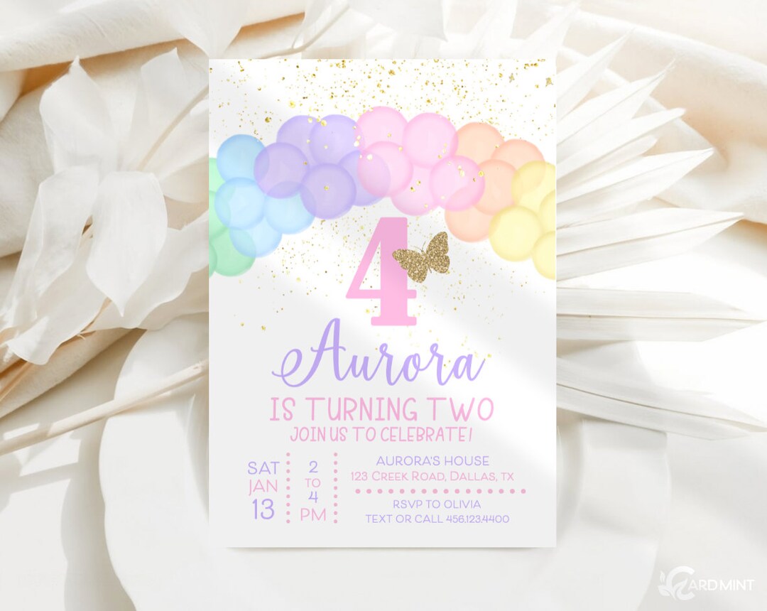 Editable Rainbow Pastel Birthday Invitations, Balloon Arch, Sprinkle ...