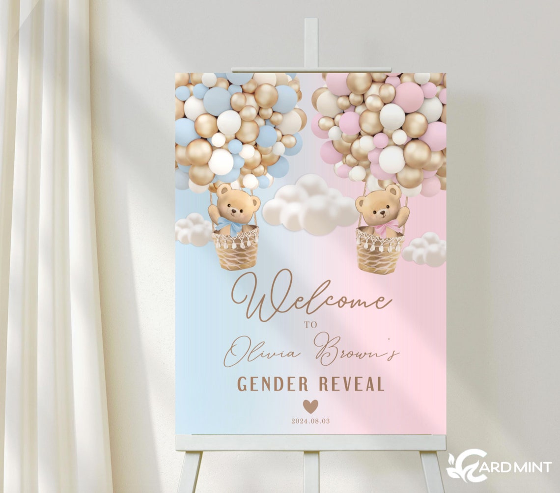 Editable Welcome Teddy Bear Party Sign, Blue & Pink Hot Air Balloon ...