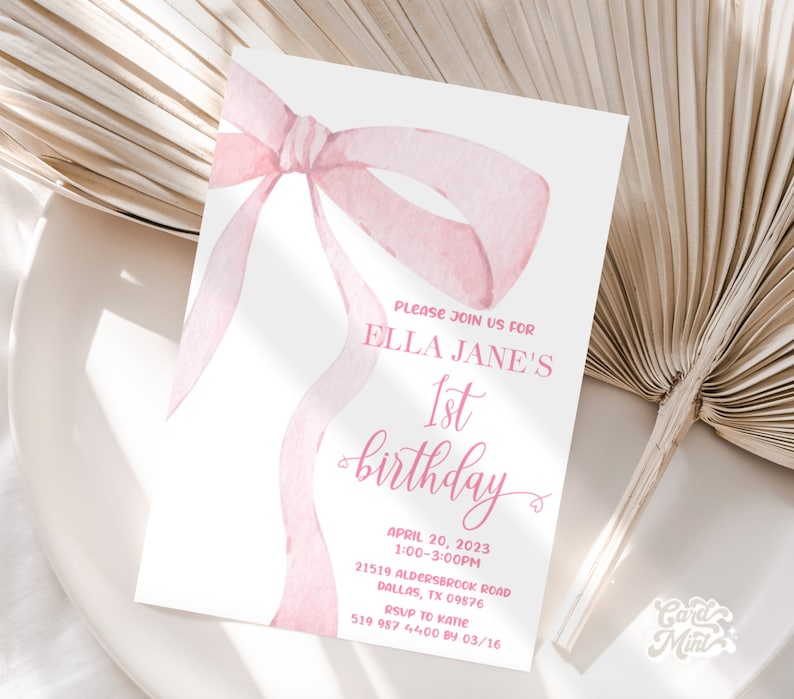 EDITABLE Pink Bow Birthday Invitation, Soft Pastel Pink Ribbon, Any Age ...