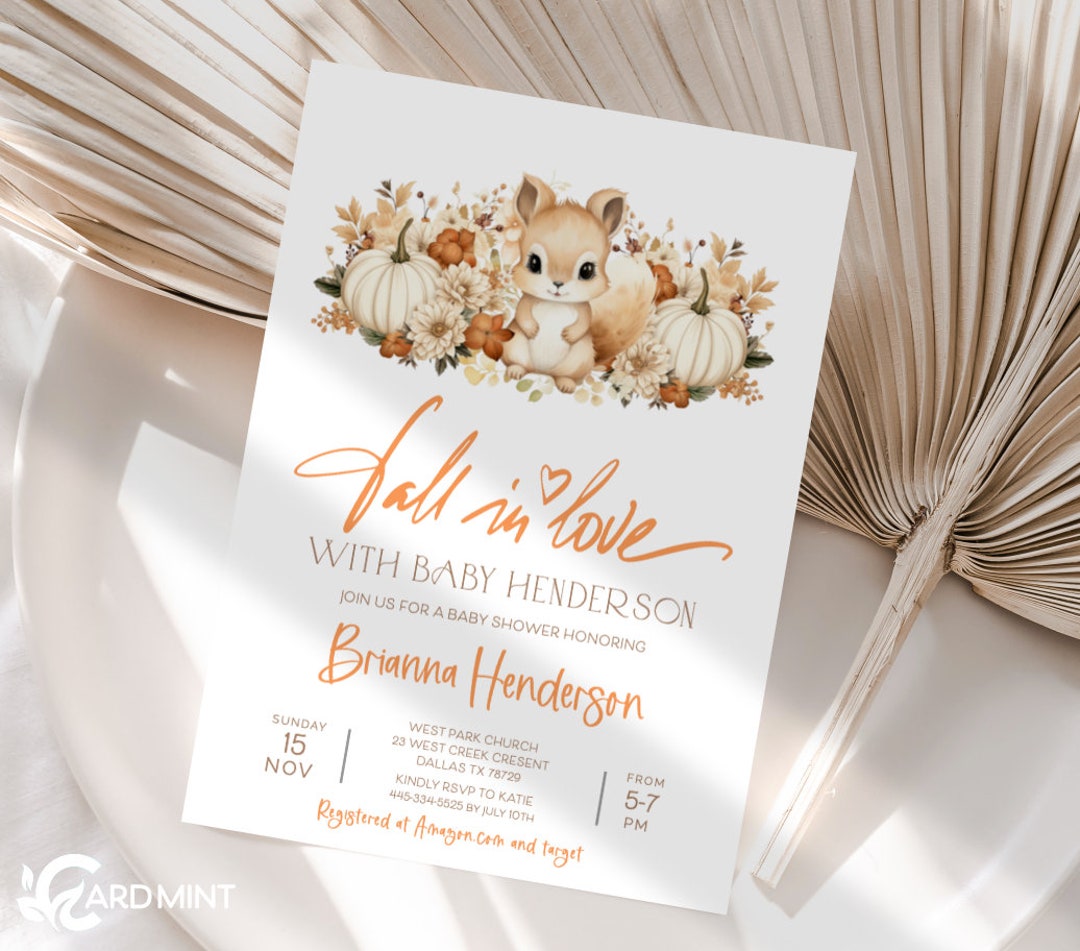 EDITABLE Fall Boho Squirrel Baby Shower Neutral Pumpkin Beige ...