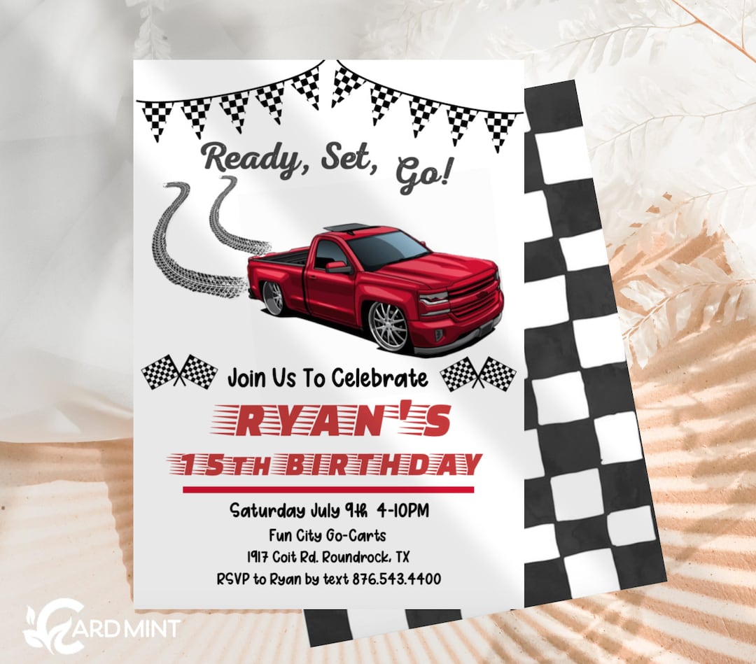 EDITABLE Truck Birthday Invitations, Red Truck Design, Racing Dropped ...