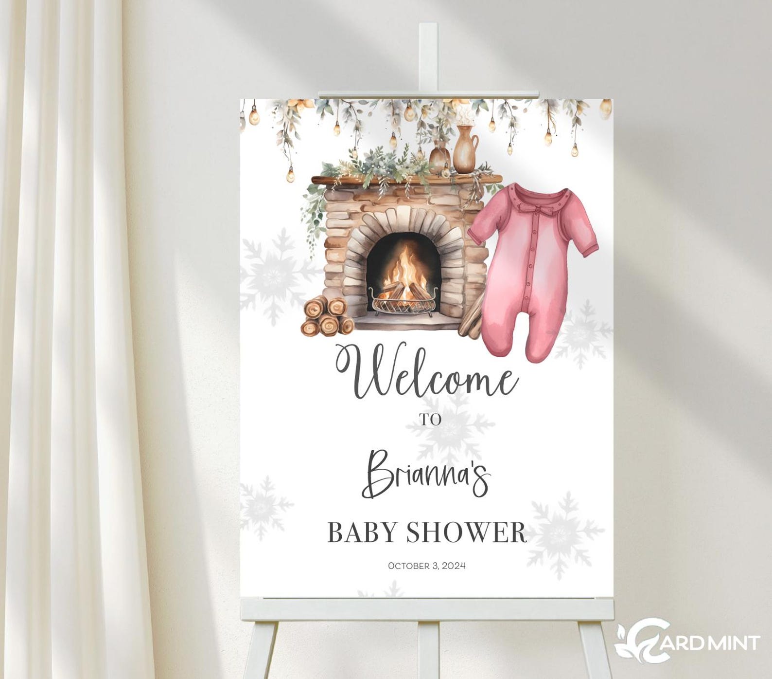 Editable Fireplace Baby Shower Welcome Sign Winter Pj's Pink Girl ...