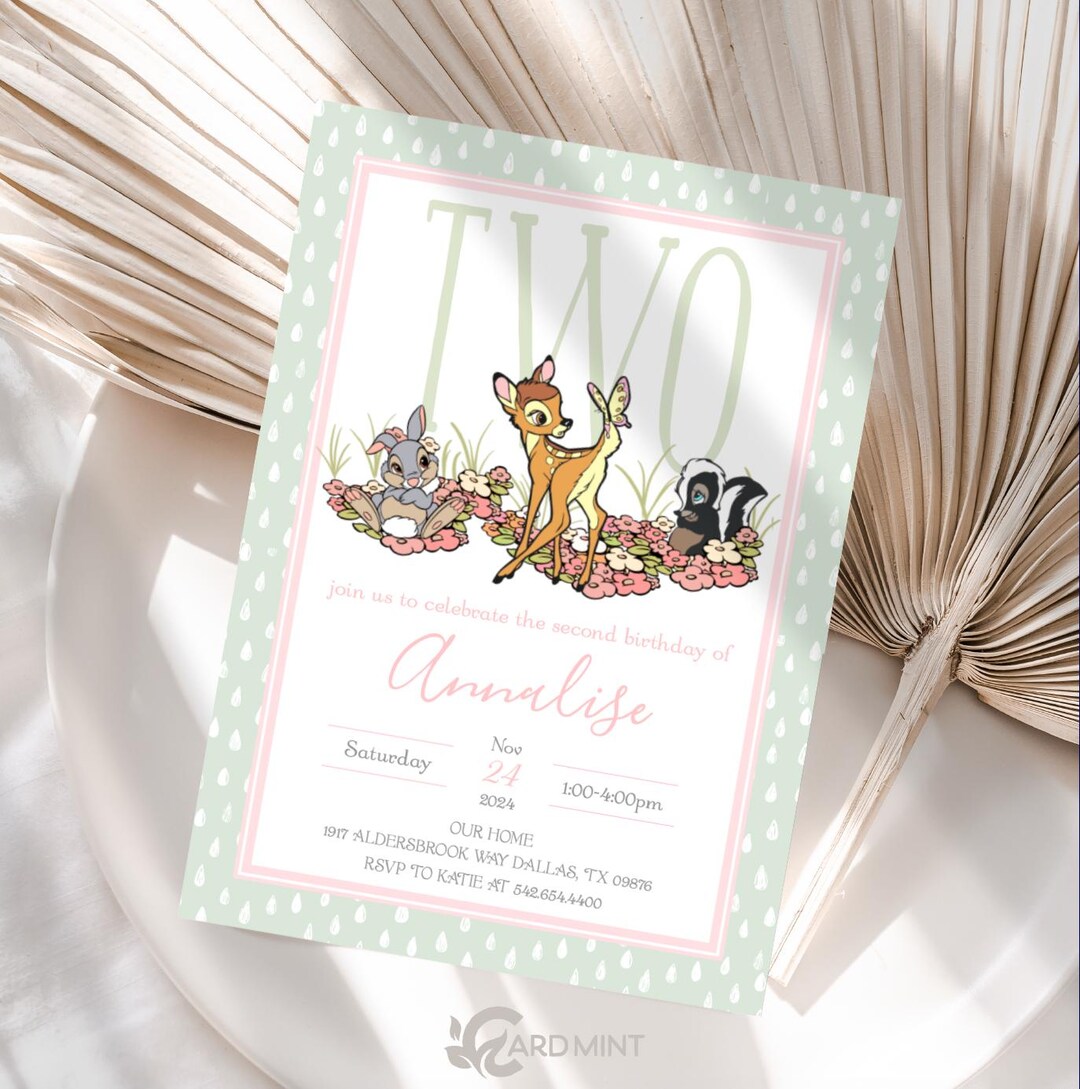 Editable Bambi Second Birthday Invitation, Forest Animals, Turning Two ...