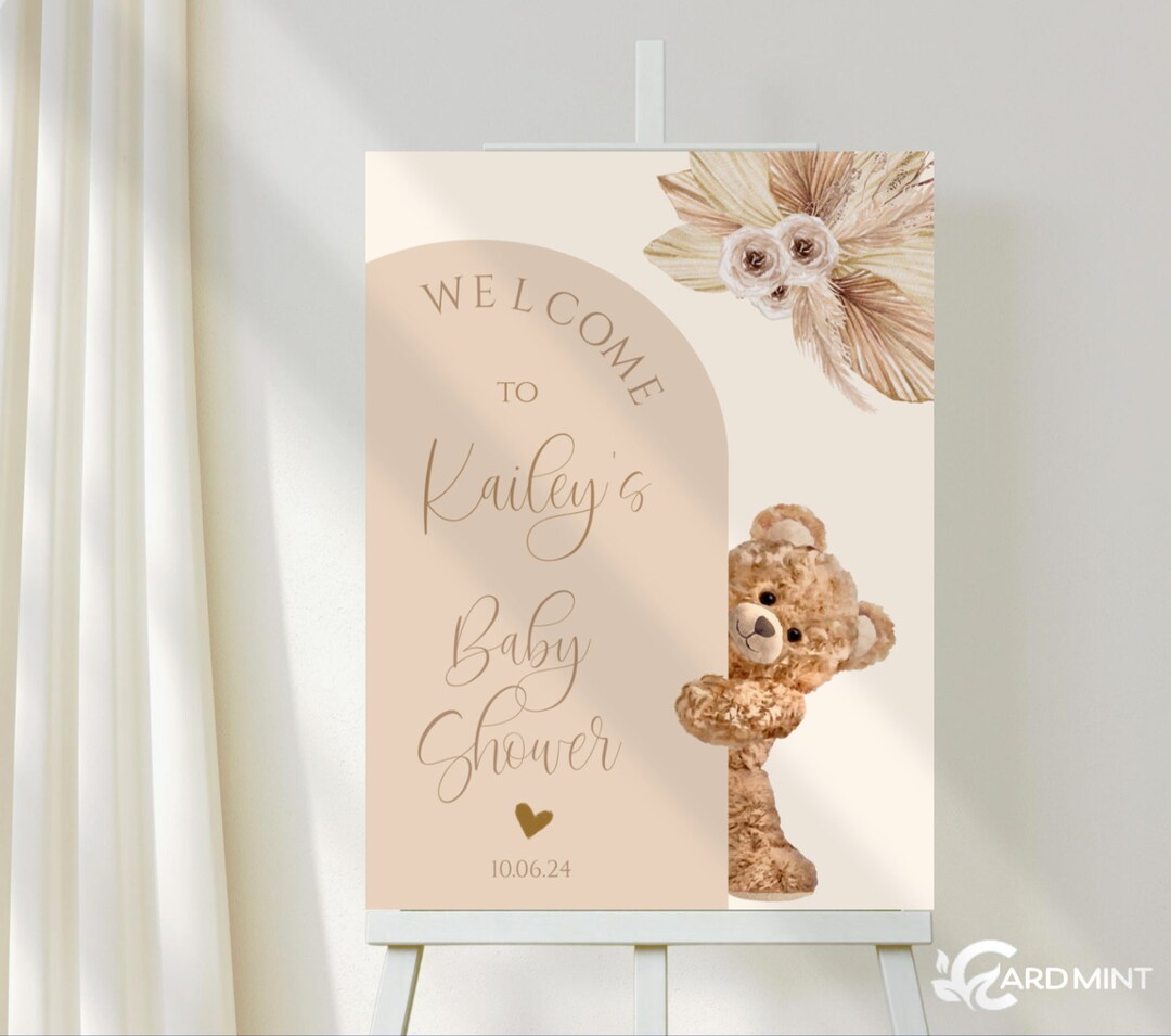 Editable Welcome Teddy Bear Party Sign, Beige Arch Pampas Grass Baby ...