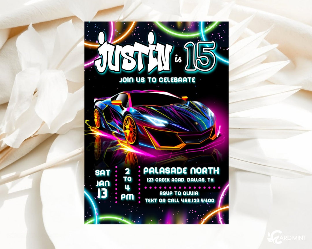 EDITABLE Neon Glow Race Car Invitations Teen Birthday Party Cool Cars ...