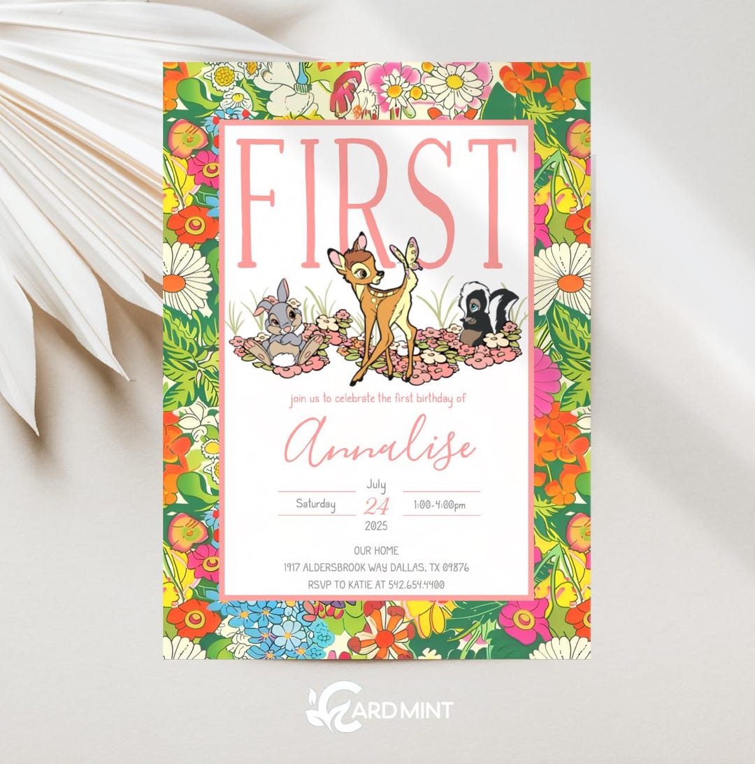 Editable Retro Bambi and Friends First Birthday Party Invitations ...