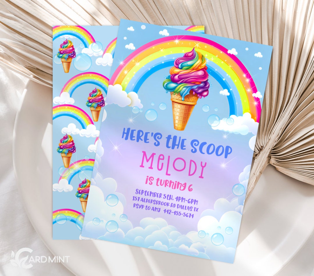 EDITABLE Rainbow Ice Cream Birthday Party Invitation Cute Girl Invite ...