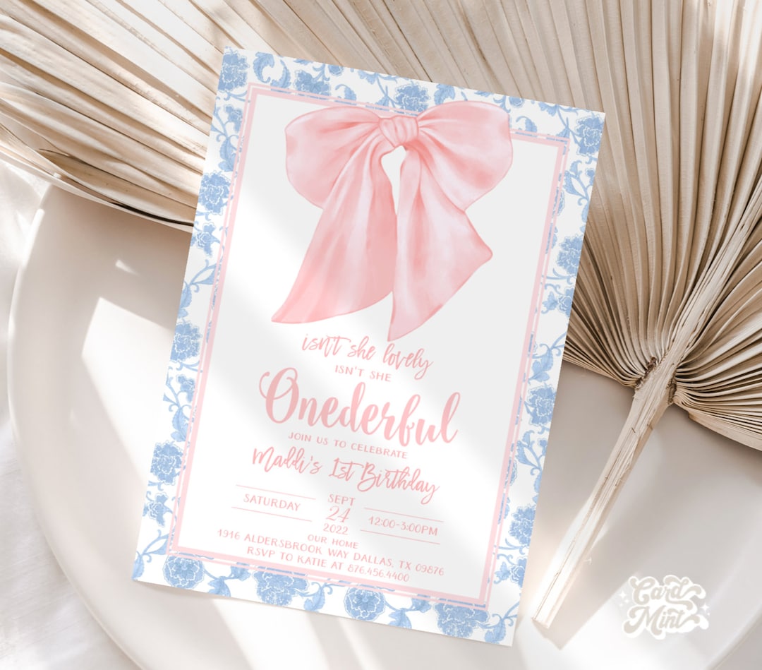 Editable Bow 1st Birthday Invitations, Isn't She Onederful Pink Bow ...