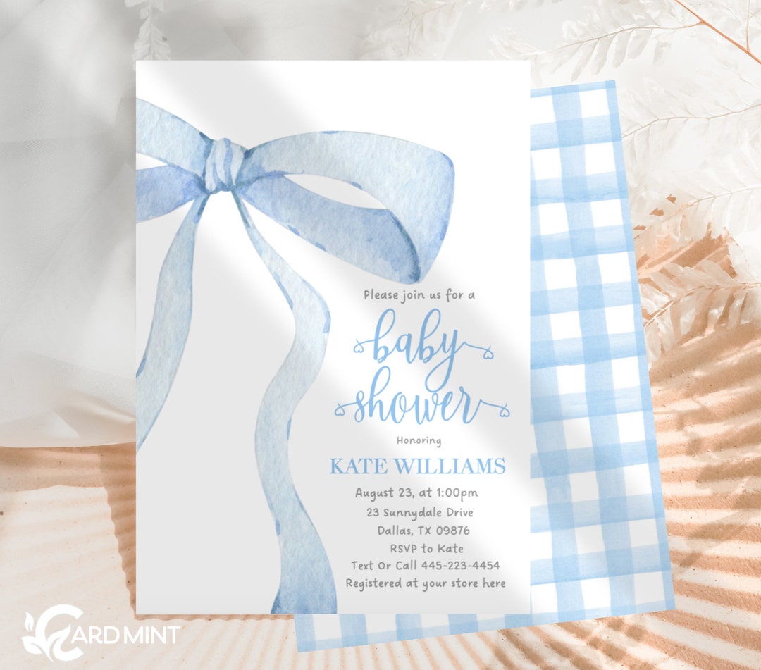 EDITABLE Blue Bow Baby Shower Invitation, Boy Baby Shower or Sprinkle ...