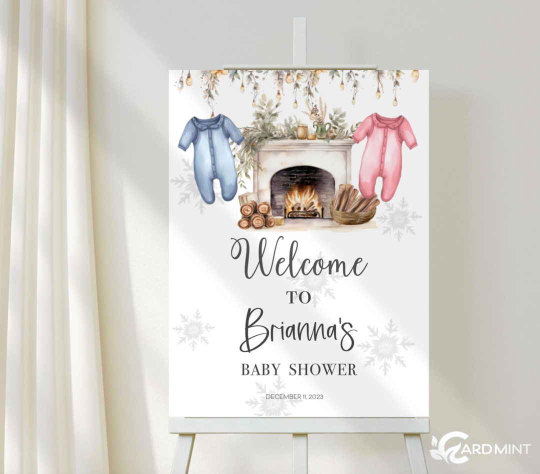 Editable Fireplace Gender Reveal Welcome Sign Winter Pj's Pink Girl or ...